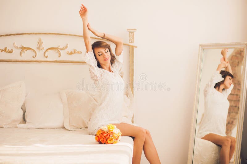 Beautiful girl posing stock image. Image of pillow, beauty - 52589923