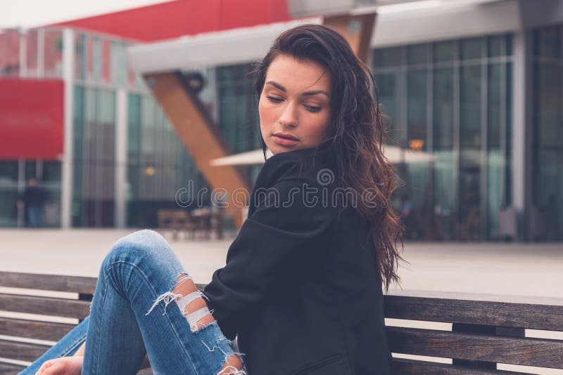 Beautiful Girl Posing on a Bench Stock Image - Image of beauty, posing ...