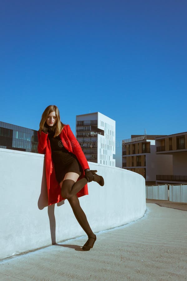 Beautiful Girl Posing with Red Coat Stock Image - Image of adult, cute ...