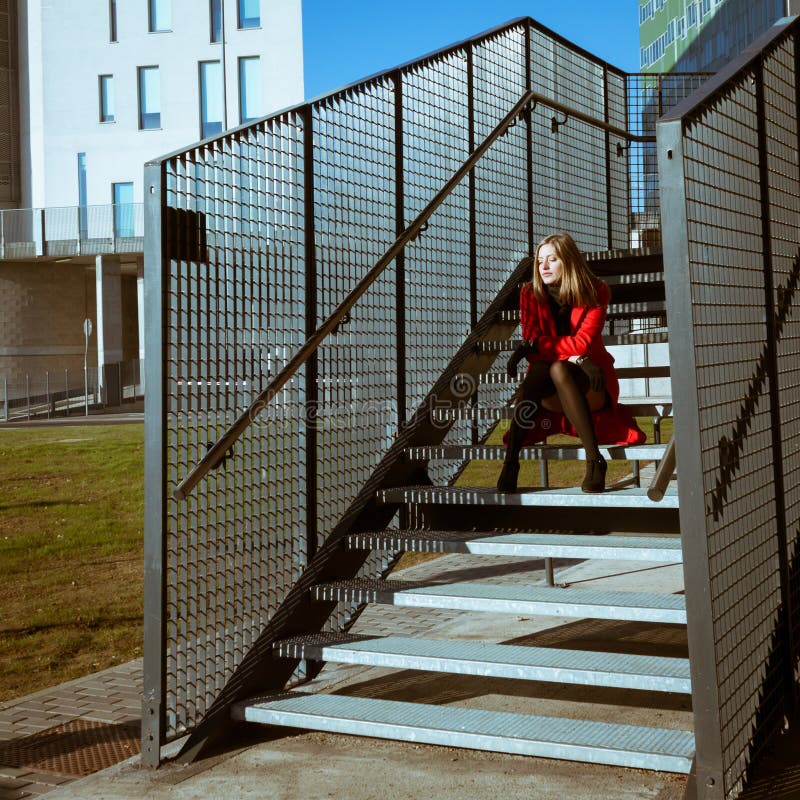 Beautiful Girl Posing with Red Coat Stock Photo - Image of adult ...