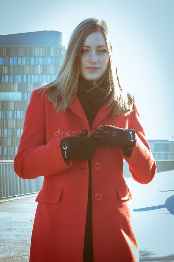 Beautiful Girl Posing with Red Coat Stock Image - Image of outdoor ...