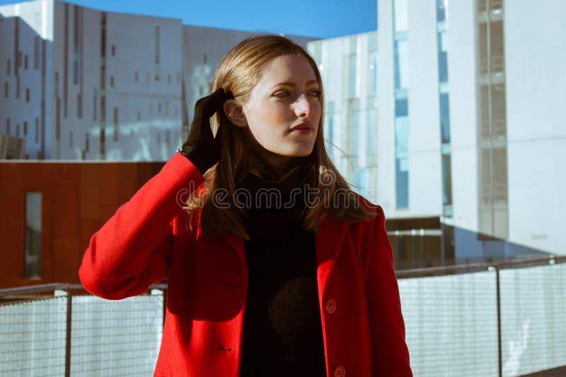 Beautiful Girl Posing with Red Coat Stock Photo - Image of seductive ...