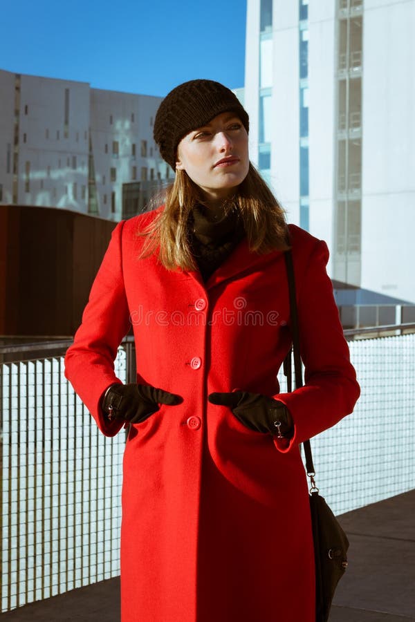 Beautiful Girl Posing with Red Coat Stock Image - Image of look ...