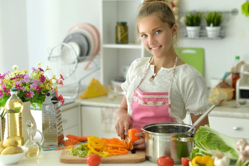 Beautiful Girl Preparing a Salad in the Kitchen Stock Image - Image of ...