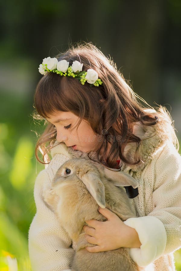 Beautiful Girl with a Rabbit in the Woods Stock Photo - Image of girl ...