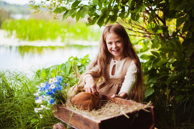 Beautiful Girl with a Rabbit in the Woods Stock Image - Image of hair ...