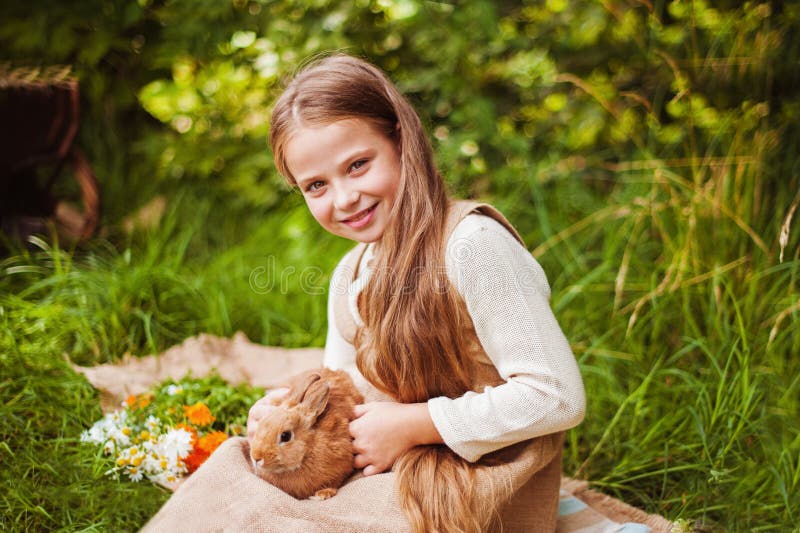 Beautiful Girl with a Rabbit in the Woods Stock Image - Image of girl ...