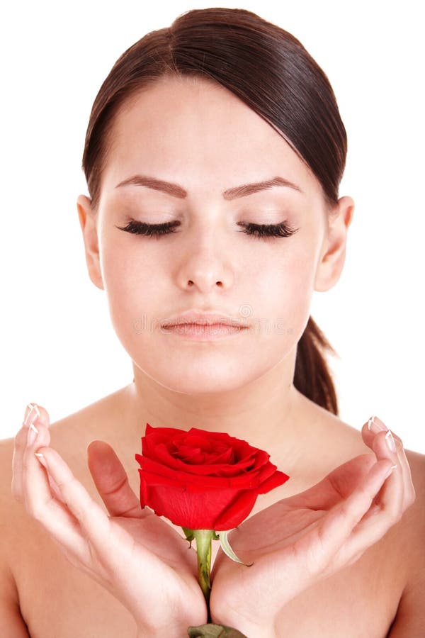Beautiful Girl with Red Flower. Stock Photo - Image of care, face: 13752264