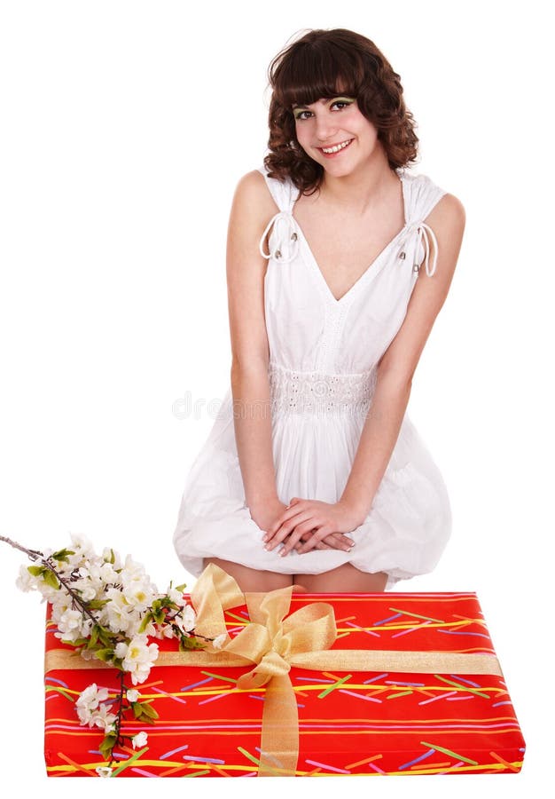 Beautiful Girl with Red Gift Box and Flower. Stock Image - Image of ...
