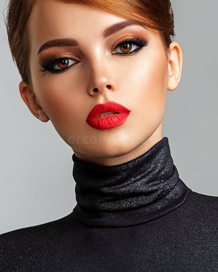 Beautiful Girl With Red Lips And Short Hair Pretty Face Of An Young