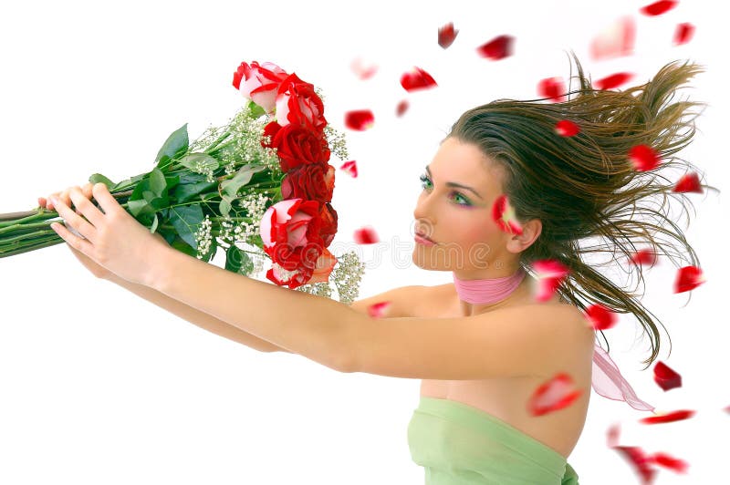 Beautiful Girl with Red Roses Against White Stock Image - Image of look ...