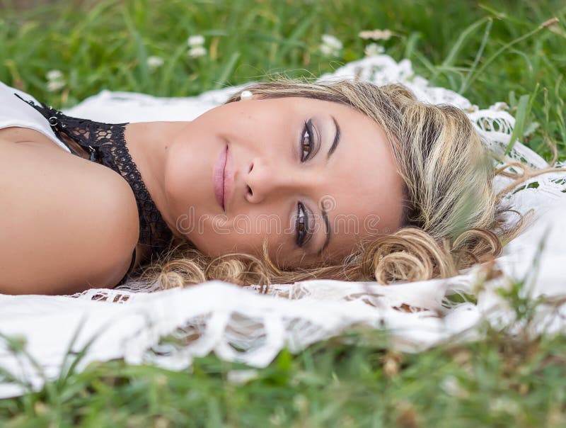 Beautiful Girl Relaxing on the Grass Stock Photo - Image of female ...