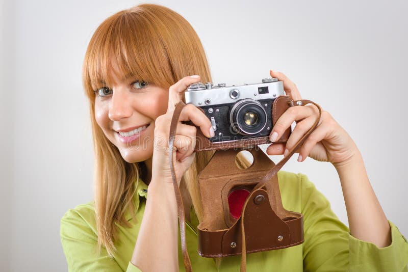 Beautiful Girl with a Retro Vintage Camera Stock Photo - Image of woman ...
