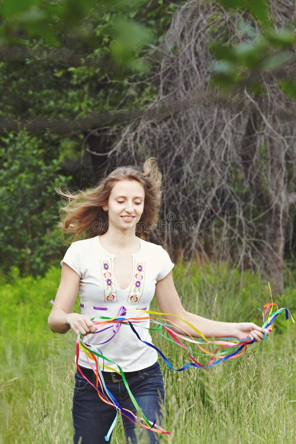 Beautiful Girl with Ribbons Stock Photo - Image of balance, action ...