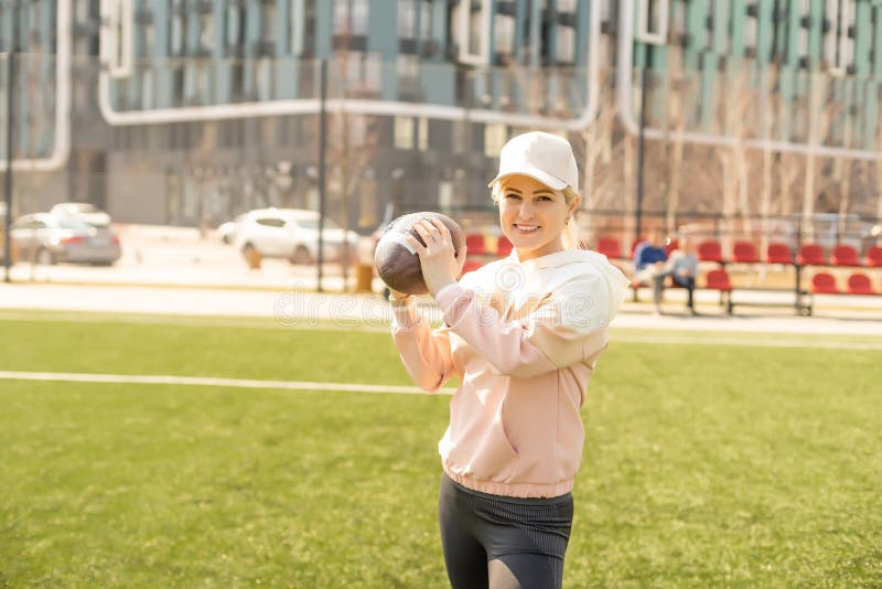 Beautiful Girl Rugby Player in Stadium. Stock Photo - Image of build ...