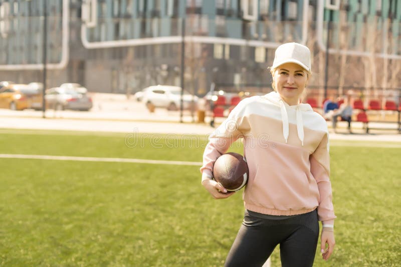 Beautiful Girl Rugby Player in Stadium. Stock Image - Image of ...
