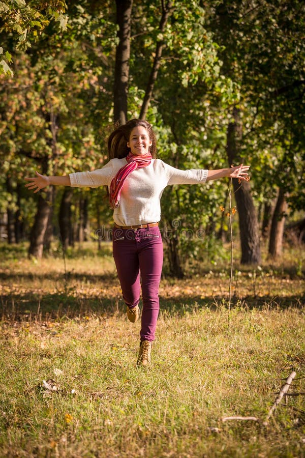 Beautiful Girl Running on Autumn Park Stock Photo - Image of people ...