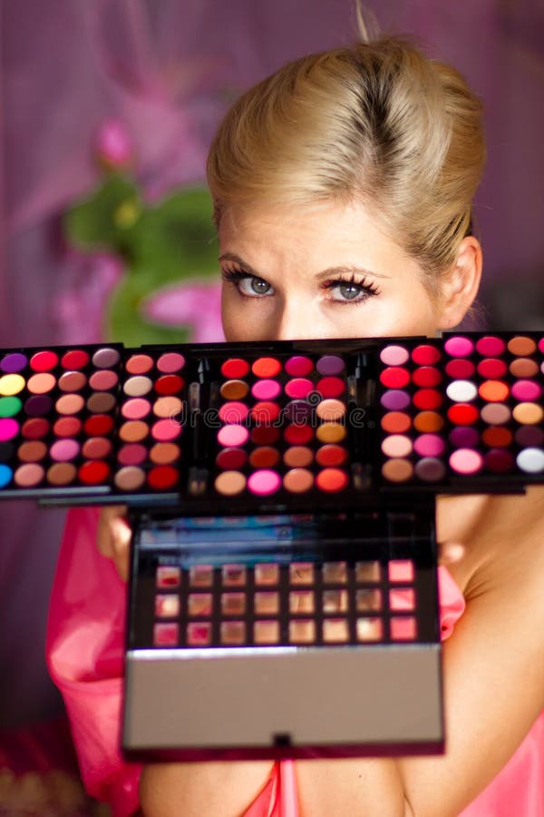 Beautiful Girl with Set of Lipsticks for Make-up Stock Photo - Image of ...