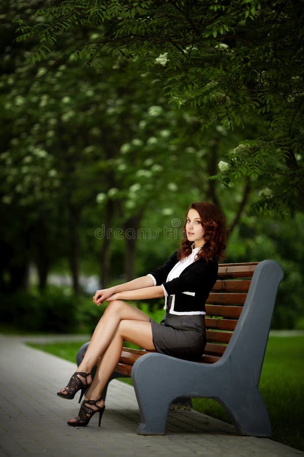 Beautiful Girl Sitting on Bench Stock Image - Image of face, forest ...