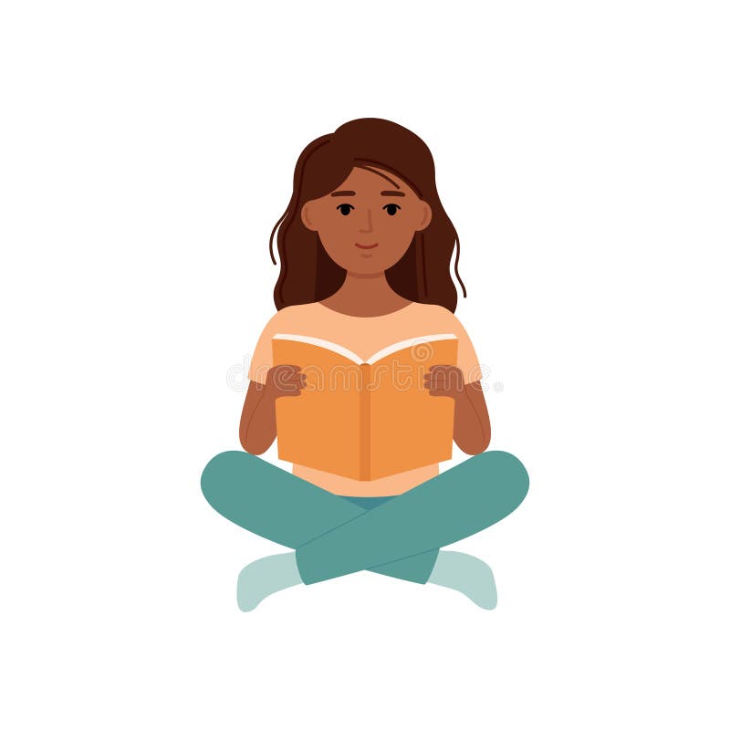 Beautiful Girl Sitting And Reading Book Vector Illustration Stock