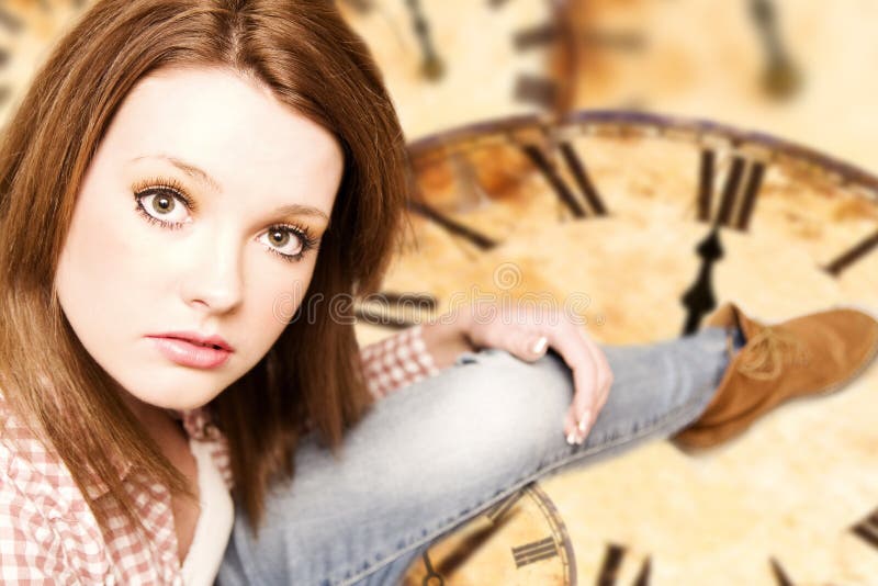Beautiful Girl Sitting on Vintage Clocks Stock Image - Image of lady ...