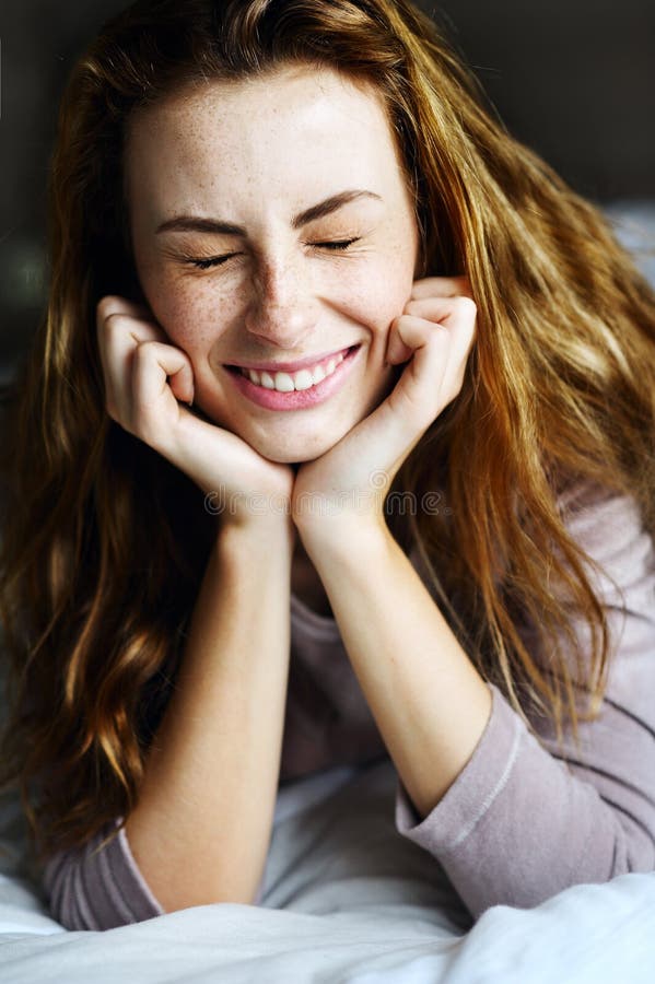 Beautiful Girl Smiling on Bed Stock Image - Image of comfortable ...