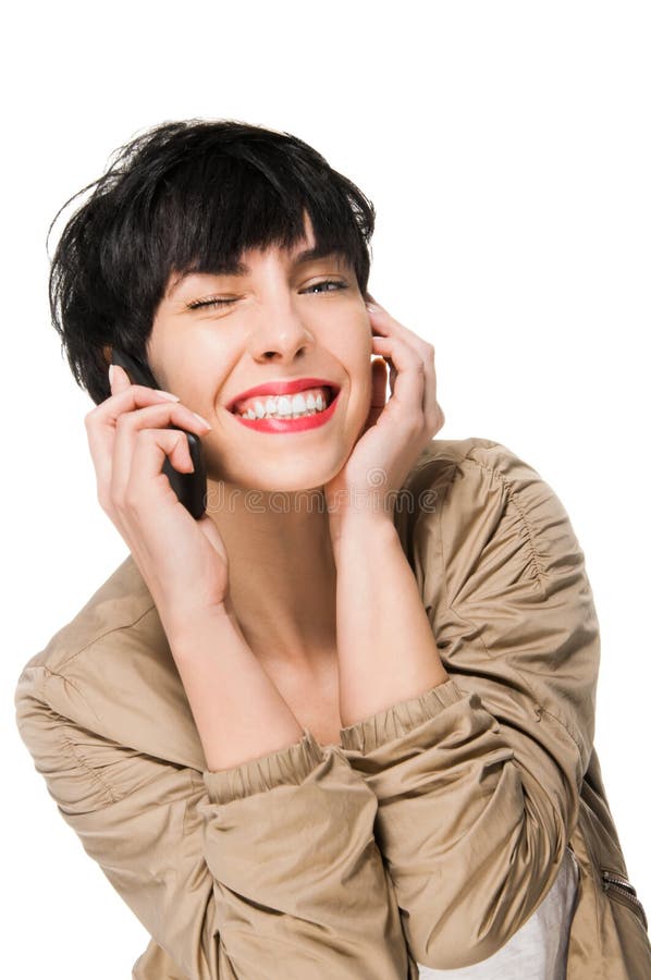 Beautiful Girl Smiling while Using Cell Phone Stock Photo - Image of ...