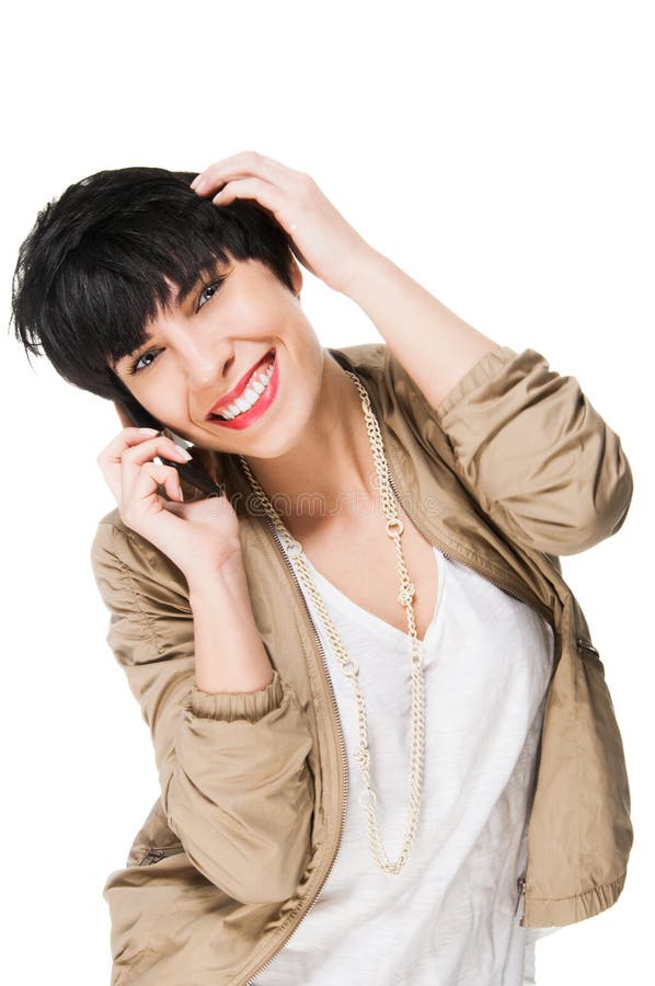 Beautiful Girl Smiling while Using Cell Phone Stock Photo - Image of ...