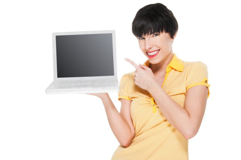 Beautiful Girl Smiling while Using Laptop Stock Photo - Image of 2025 ...