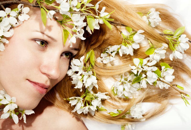 Beautiful Girl with Spring Flowers in Hair Stock Photo - Image of lips ...
