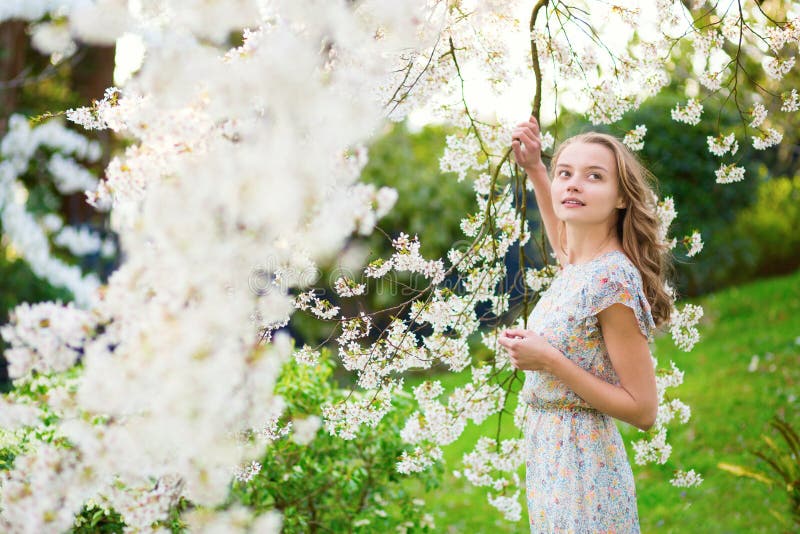 Beautiful Girl in Spring Garden Stock Photo - Image of garden, blossom ...