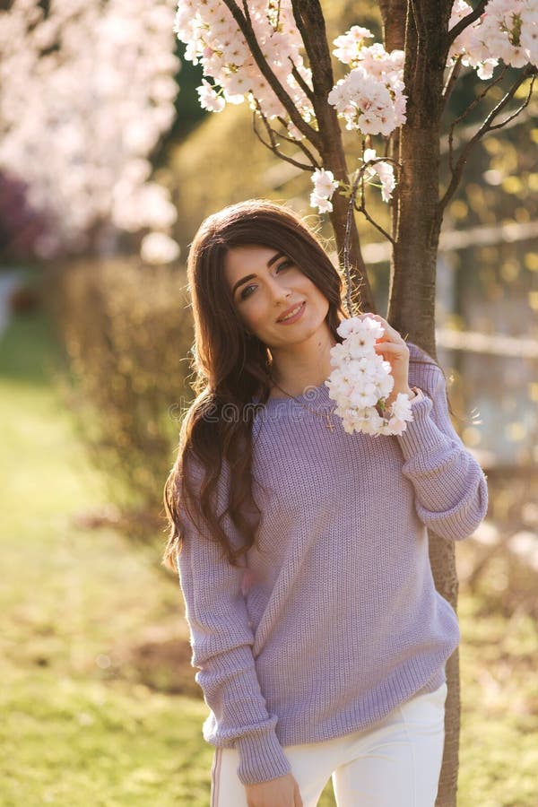 Beautiful Girl Stand by White Blooming Three Stock Image - Image of ...