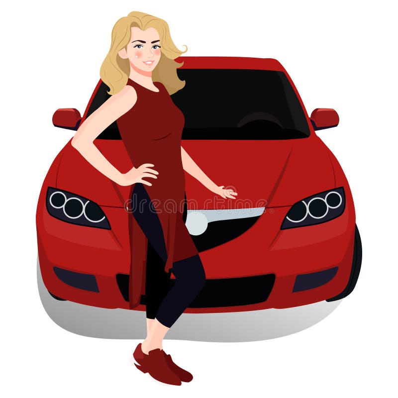 Beautiful Girl Stands in Front of a Red Car Stock Vector - Illustration ...