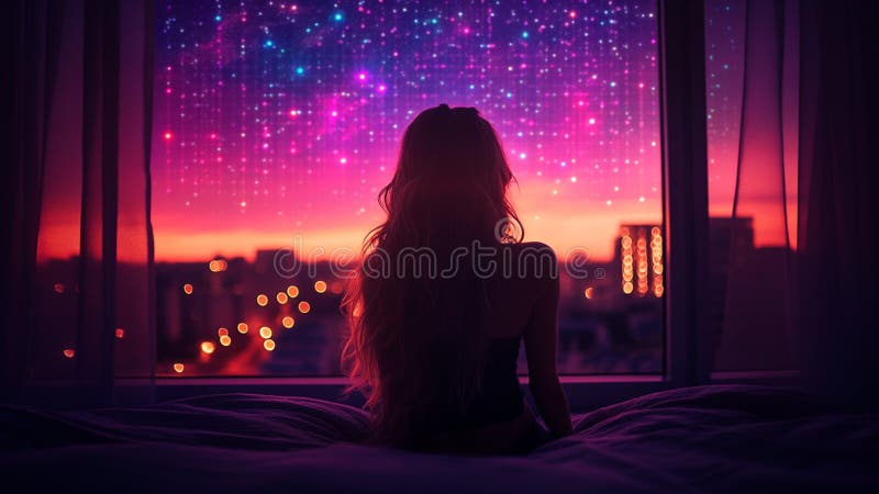 Beautiful Girl Stargazing through a Window at a Peaceful Cosmic Starry ... Beautiful Girl Stargazing through a Window at a Peaceful Cosmic Starry ...