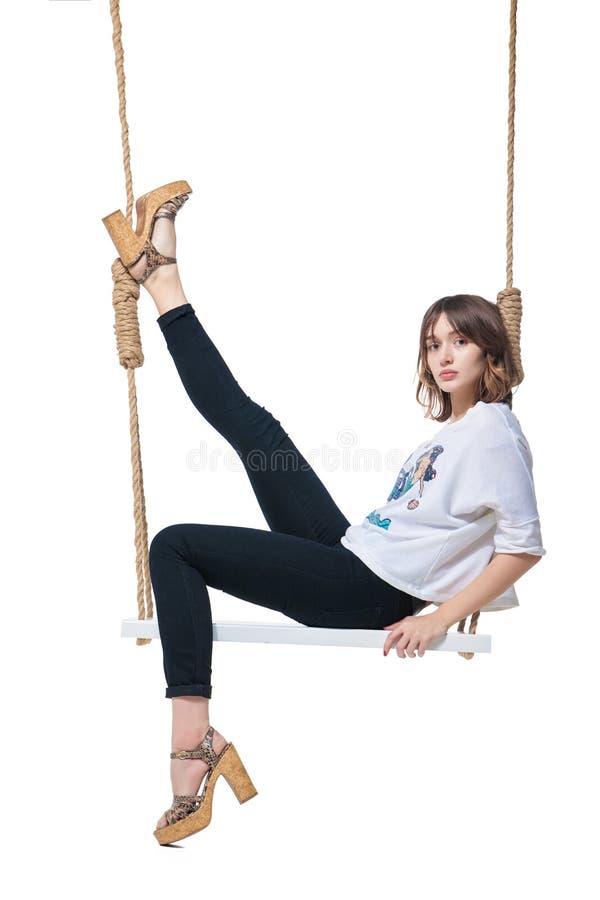 Beautiful Girl Swinging on Swing. Isolated Stock Image - Image of ...