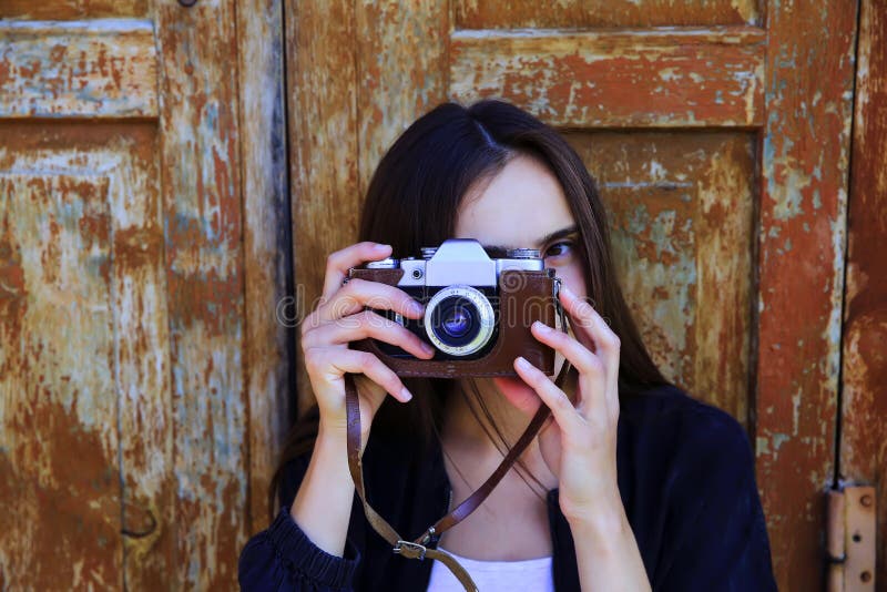Beautiful Girl Taking Picture with Old Camera Stock Photo - Image of ...