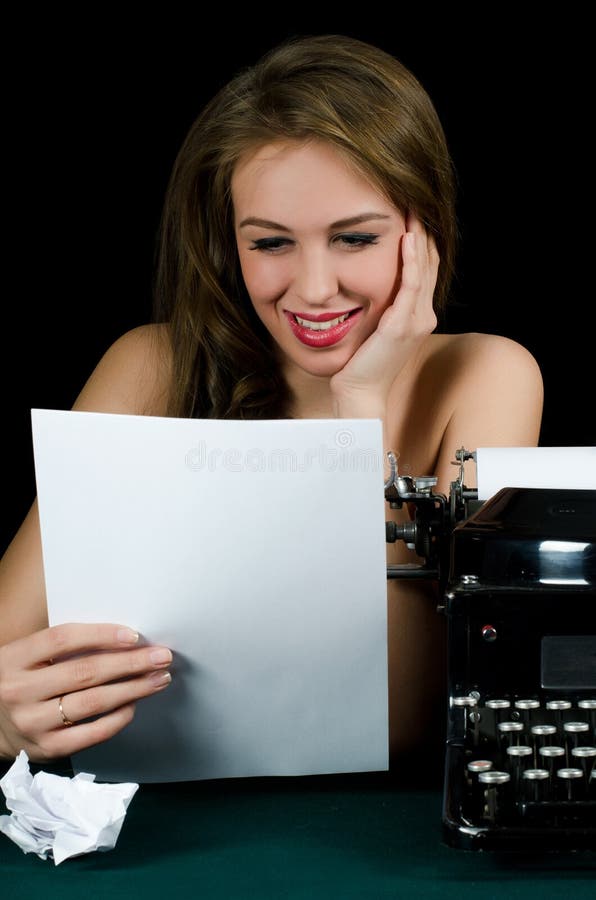 The Beautiful Girl at a Typewriter. a Retro Style Stock Image - Image ...