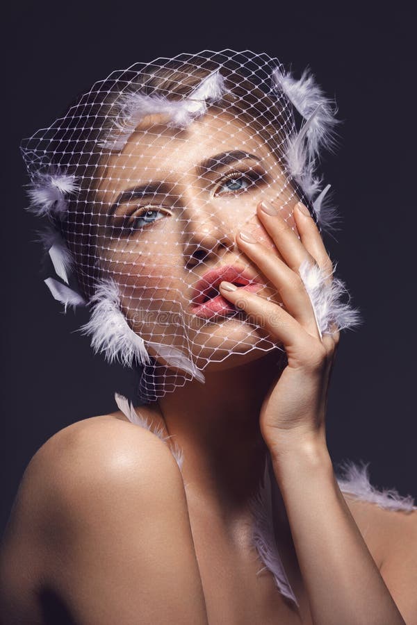 Beautiful Girl In Veil With Feathers Stock Image Image Of Makeup