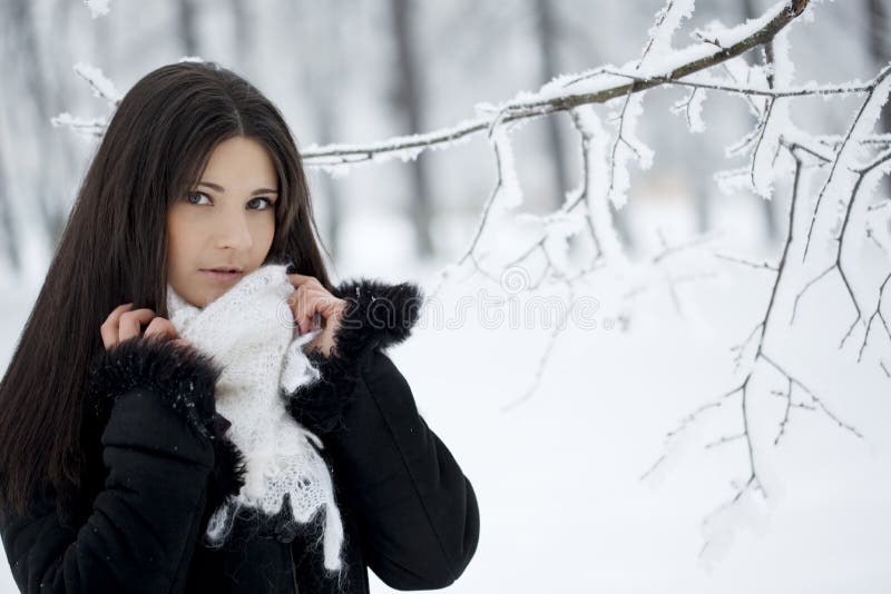 Winter Beauty Fashion. Girl in Warm Clothes on a Snowstorm Stock Photo ...