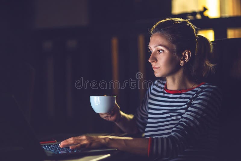 Beautiful Girl Working at Night on a Laptop, Outdoors Stock Photo ...