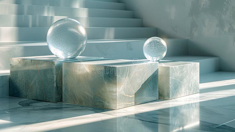 Beautiful Glass Orbs Resting on Marble Blocks in a Modern Architectural ...