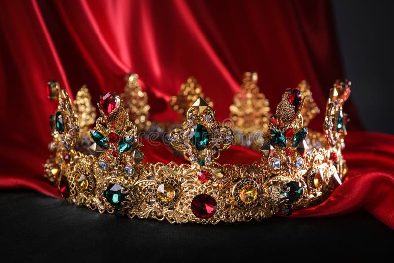 Beautiful Golden Crown with Gems on Black Pillow Stock Image - Image of ...
