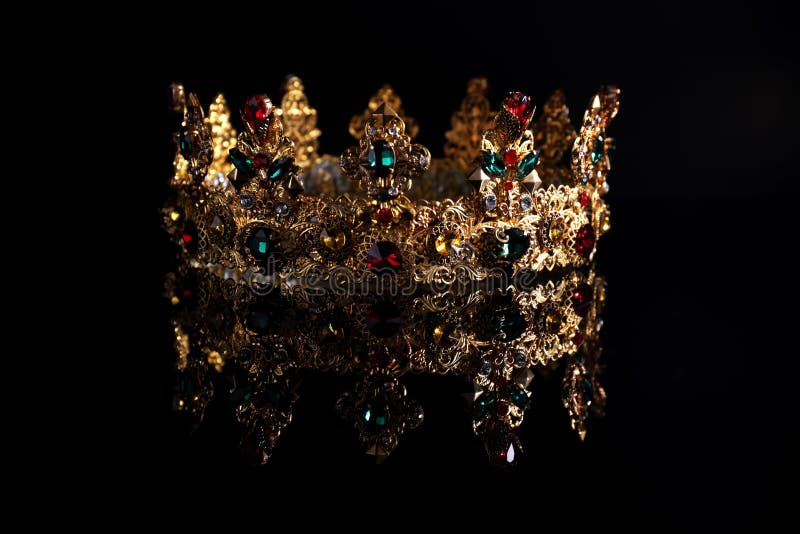 Beautiful Golden Crown with Gems on Dark Mirror Surface Stock Photo ...