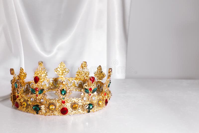 Beautiful Golden Crown with Gems on Light Grey Table. Space for Text ...