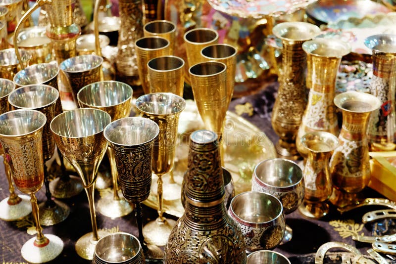 Beautiful Golden Cups and Jugs Stock Photo - Image of antique, elegance ...