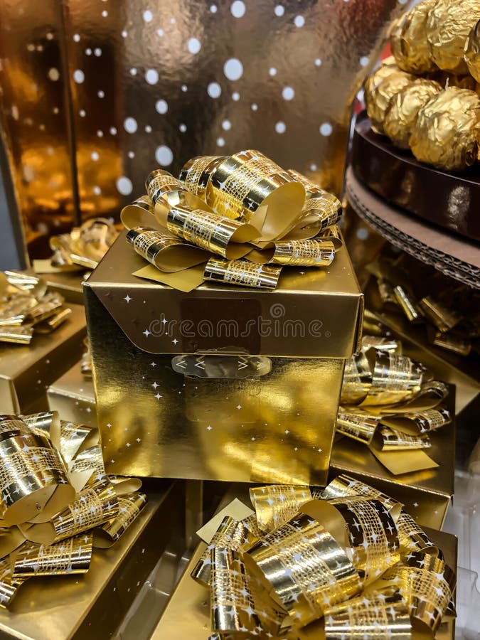 Beautiful Golden Festive Boxes with Gifts Stock Image - Image of light ...