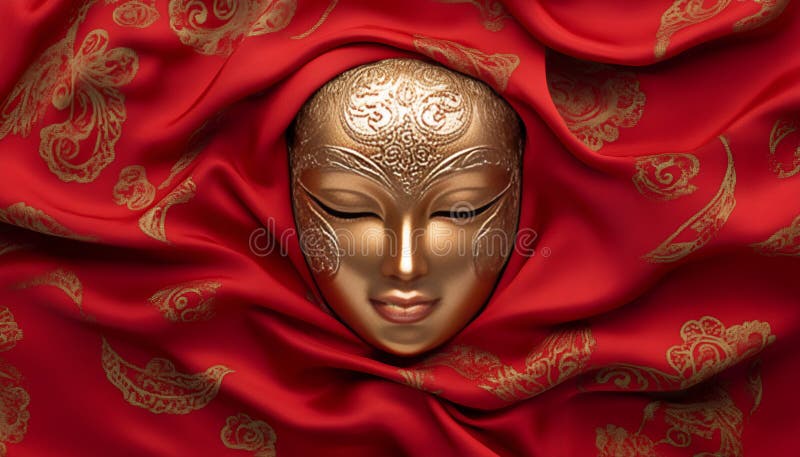 Beautiful Golden Mask on Red Silk Fabric Stock Photo - Image of fabric ...