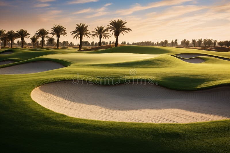 Beautiful Golf Course with Sand Bunkers with Blue Sky. Stock ...