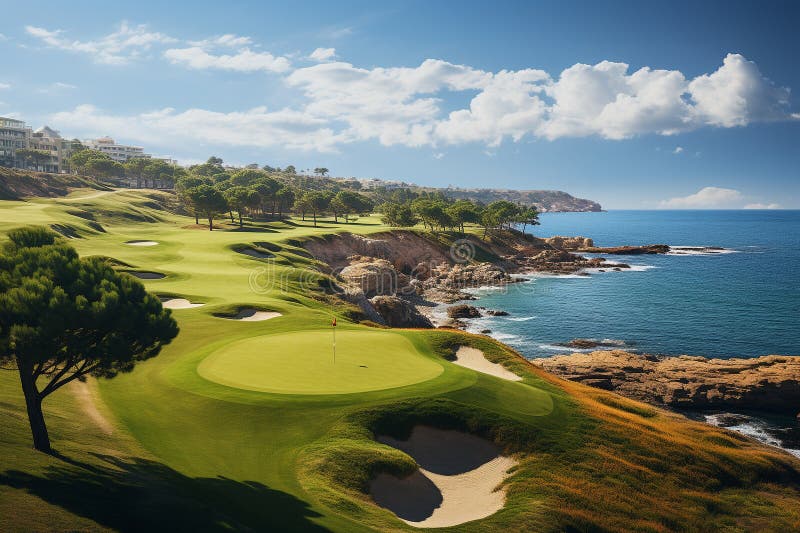 Beautiful Golf Course with Sand Bunkers with Blue Sky. Stock ...