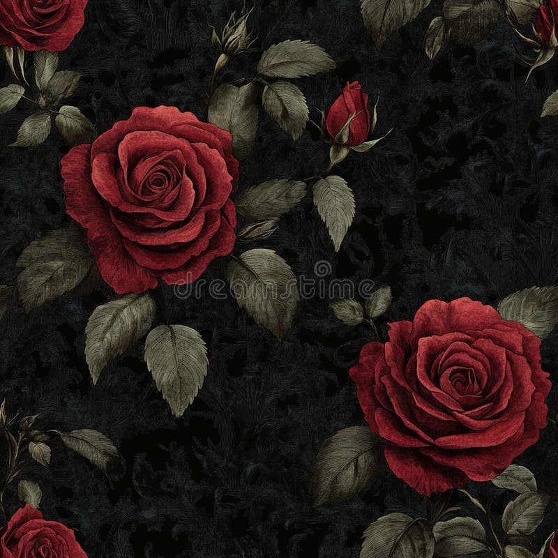 Seamless Pattern with Beautiful Red Realistic Gothic Roses and Leaves ...